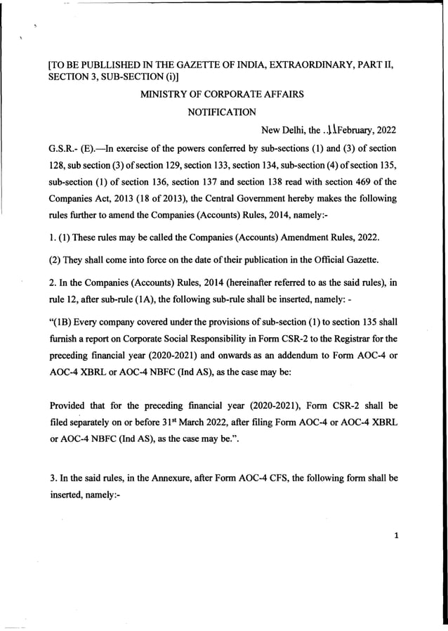 MCA introduces new form CSR-2 – Report on CSR | PDF