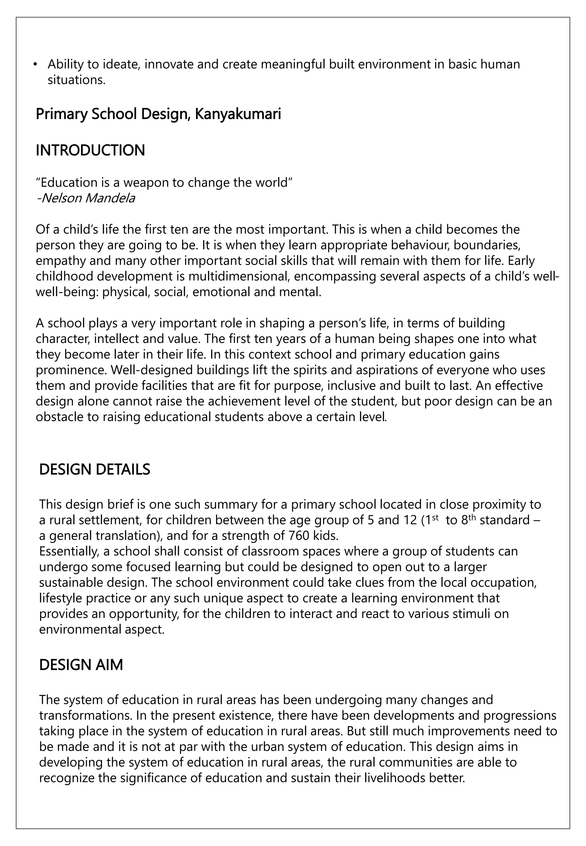 AR3311 ADVANCED SPACE DESIGN STUDIO DESIGN BRIEF- PRIMARY SCHOOL DESIGN ANNA UNIVERITY | PPTX