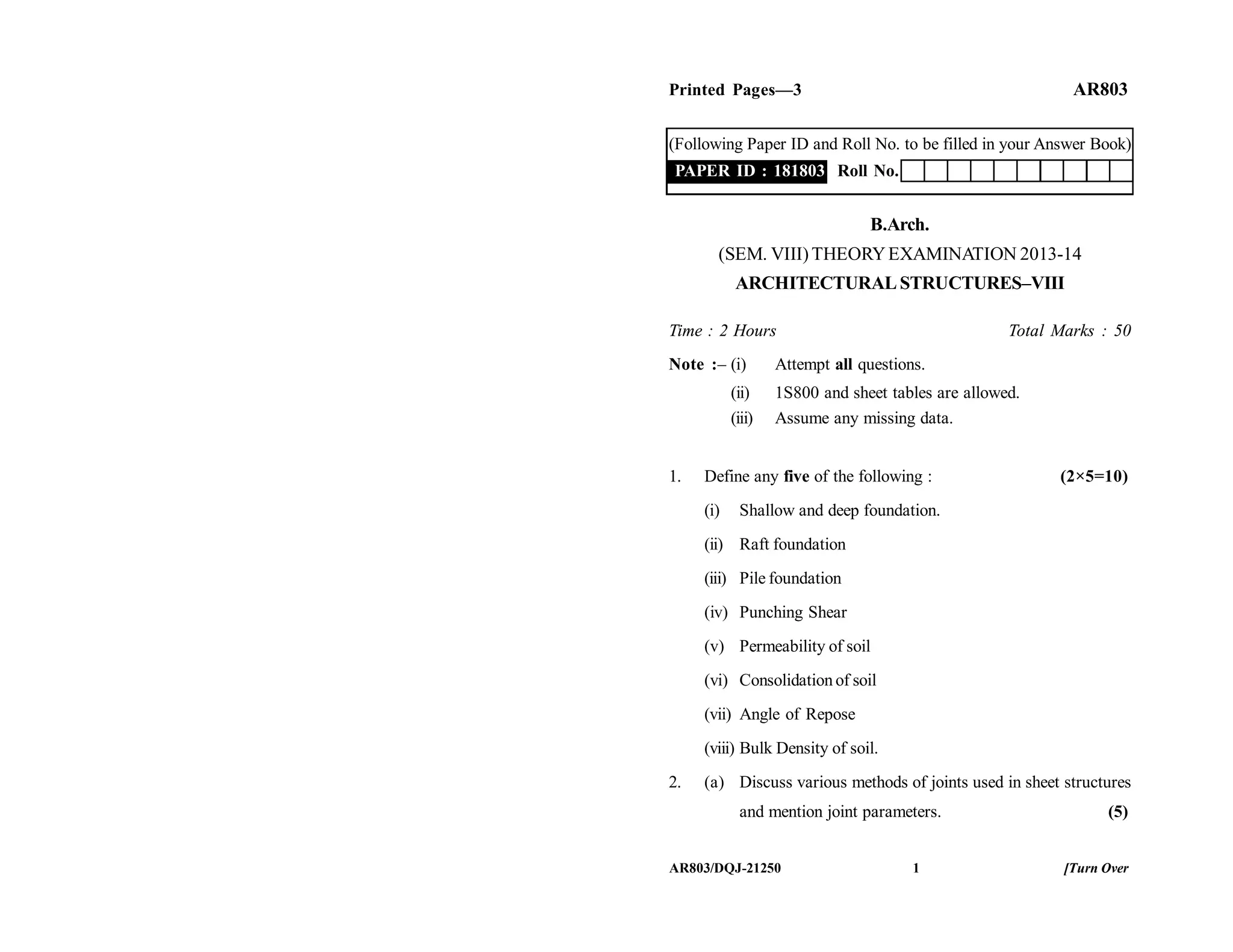 Ar803 Architectural Structure Question Paper | PDF