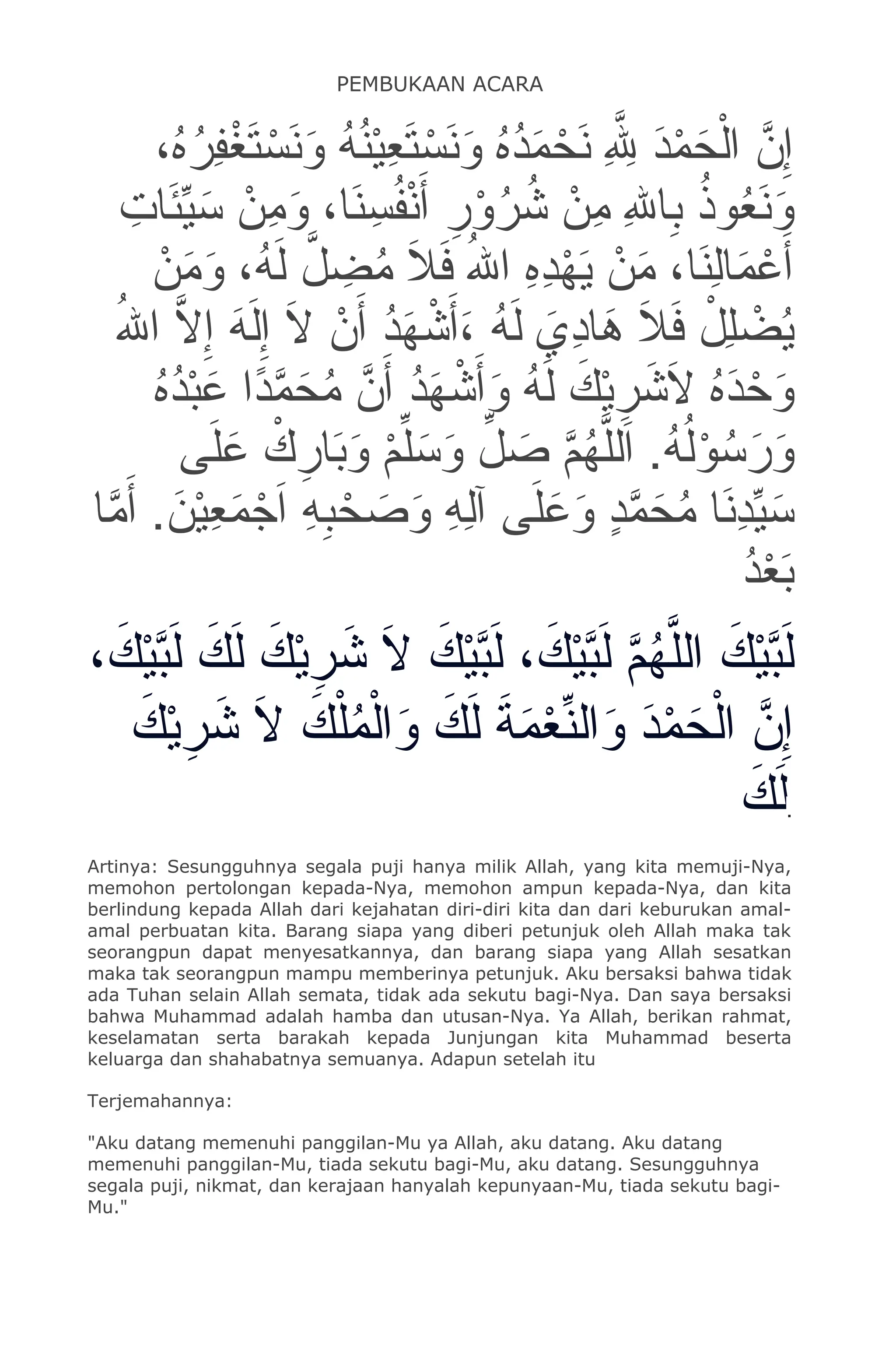 PEMBUKAAN KEGIATAN ATAU ACARA BAHASA ARAB DAN ARTINYA | DOCX