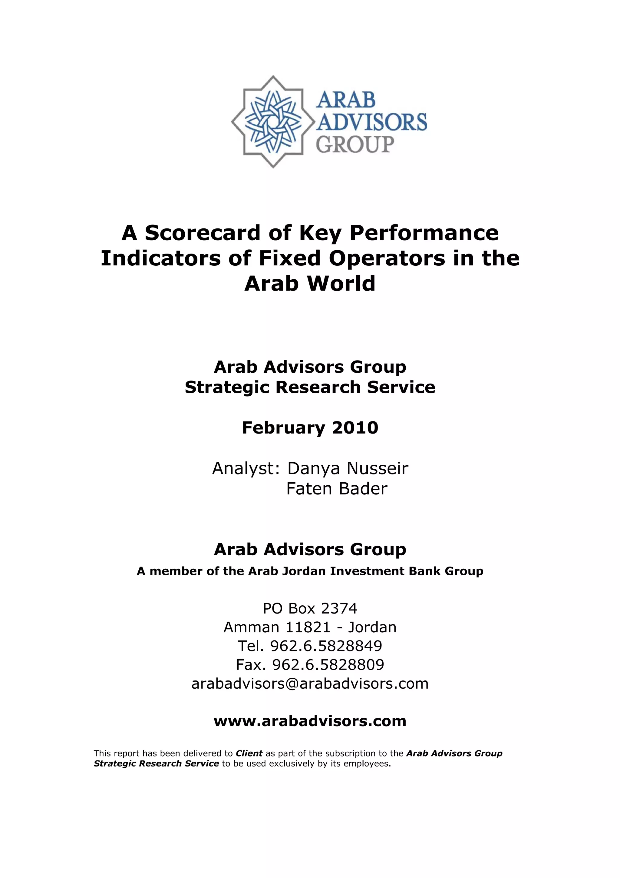 A Scorecard Of Key Performance Indicators Of Fixed Operators In The