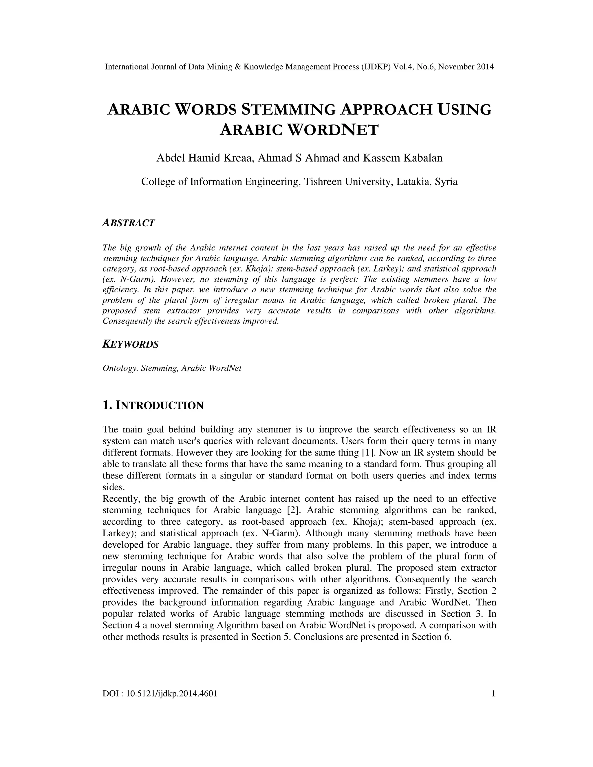 Arabic Words Stemming Approach Using Arabic Wordnet Pdf Search