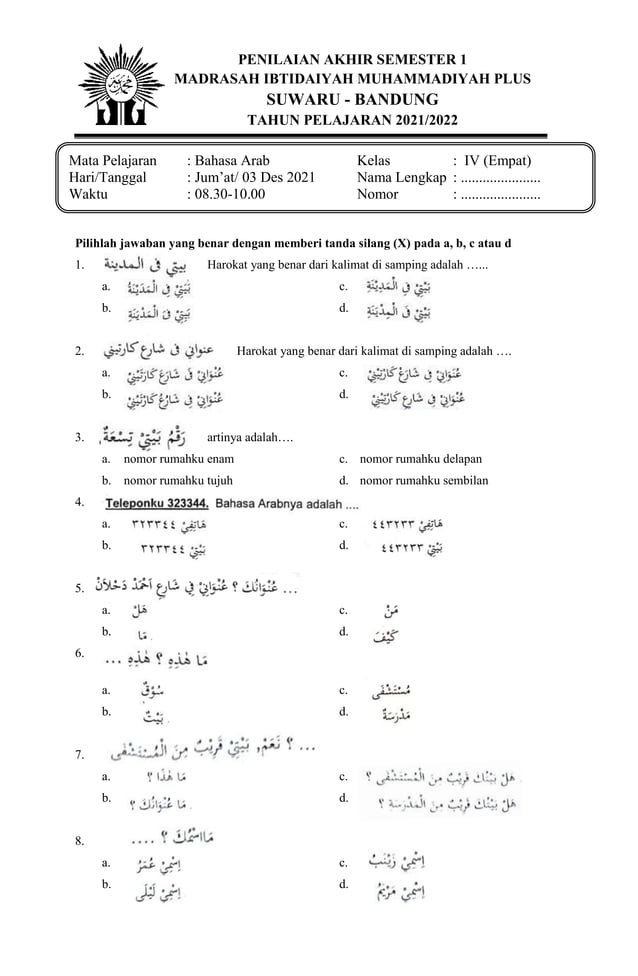Soal Bahasa arab kelas 4.docx