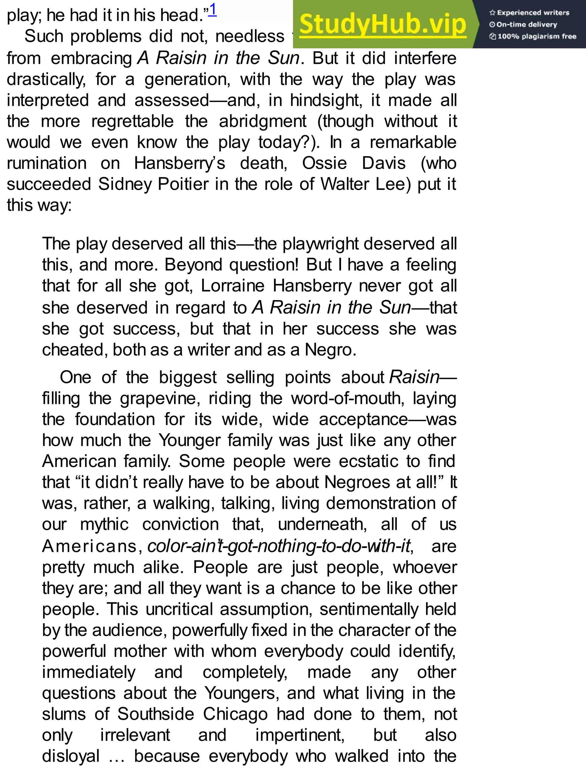 A Raisin In The Sun - Lorraine Hansberry | PDF