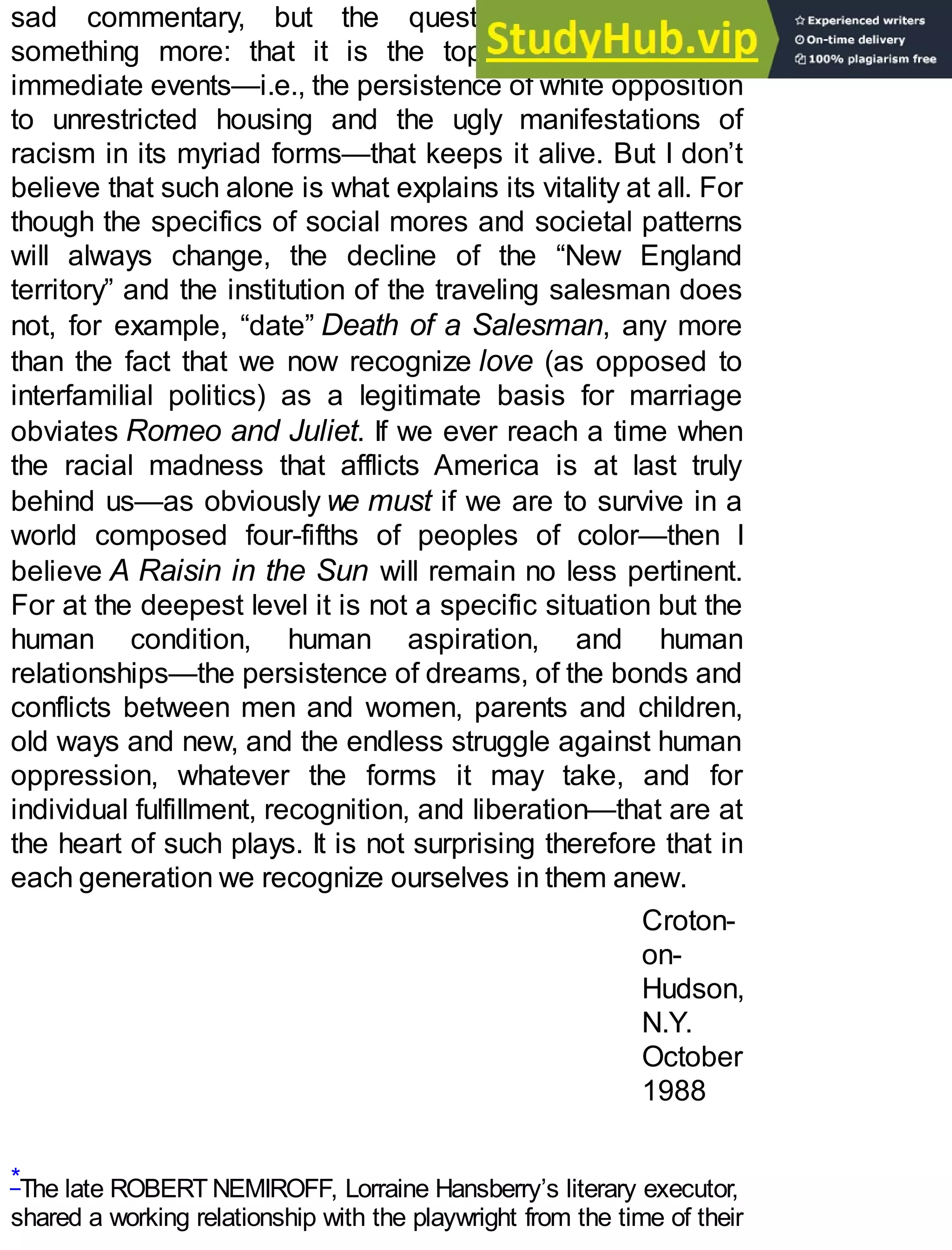 A Raisin In The Sun - Lorraine Hansberry | PDF