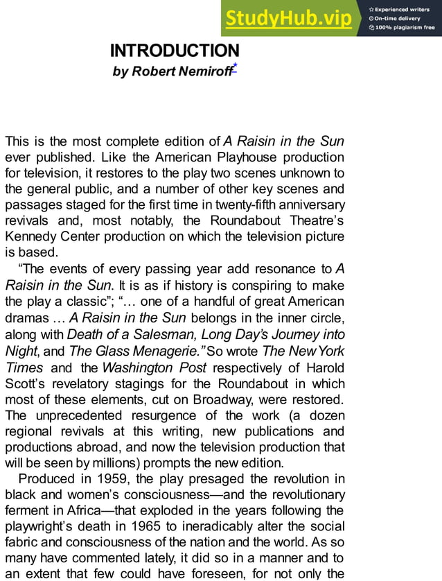 A Raisin In The Sun - Lorraine Hansberry | PDF