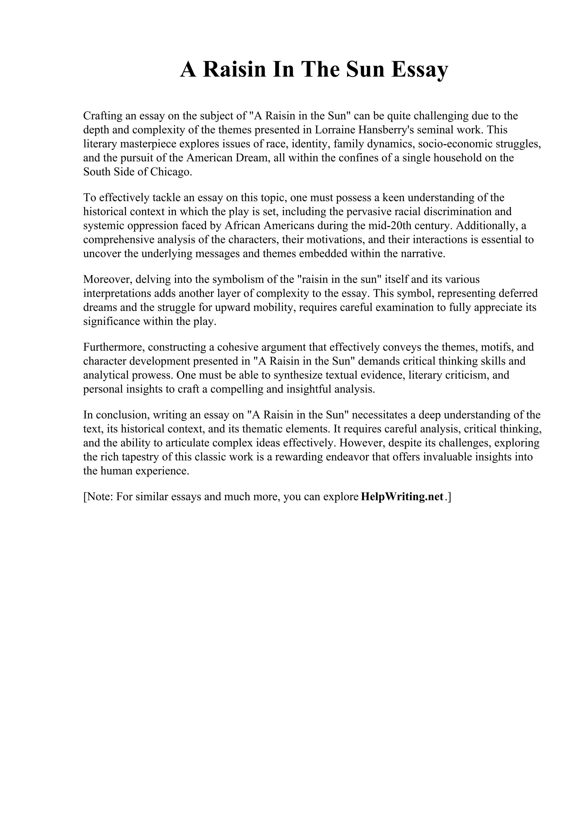 A Raisin In The Sun Essay. Sentara College of Health Sciences | PDF