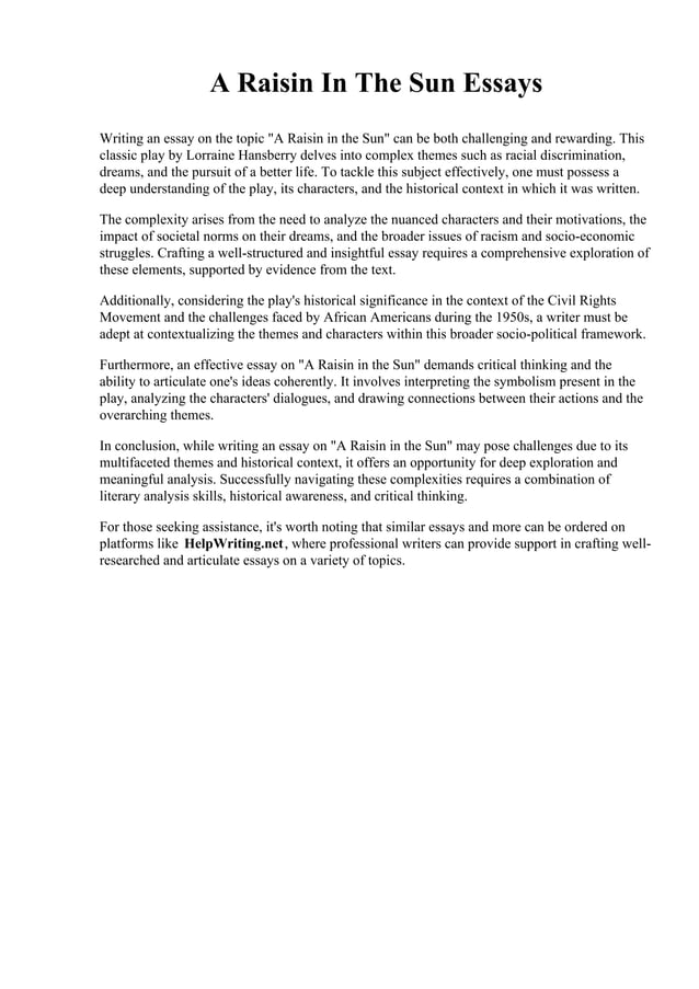 A Raisin In The Sun Essays. Porter and Chester Institute | PDF