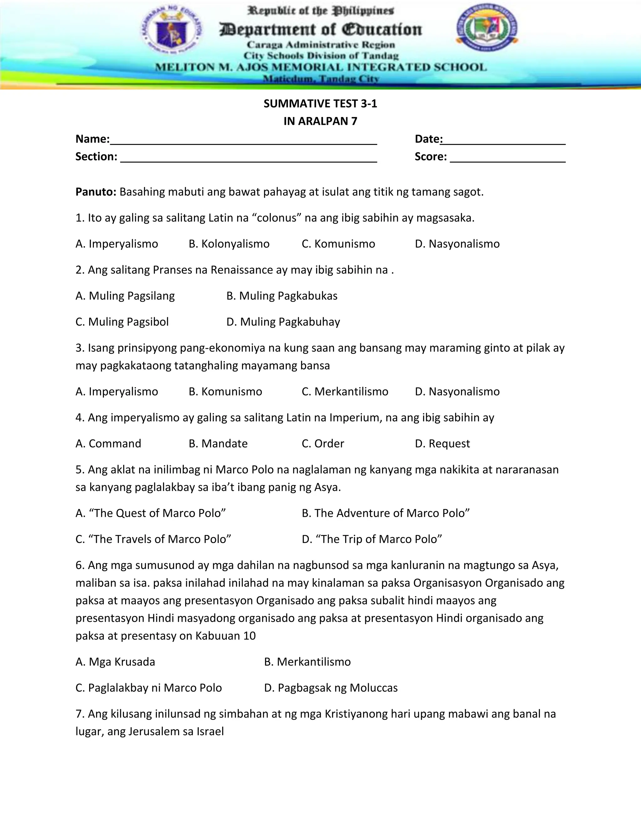 ARALING PANLIPUNAN 7-3RD QUARTER EXAMINATION | DOCX