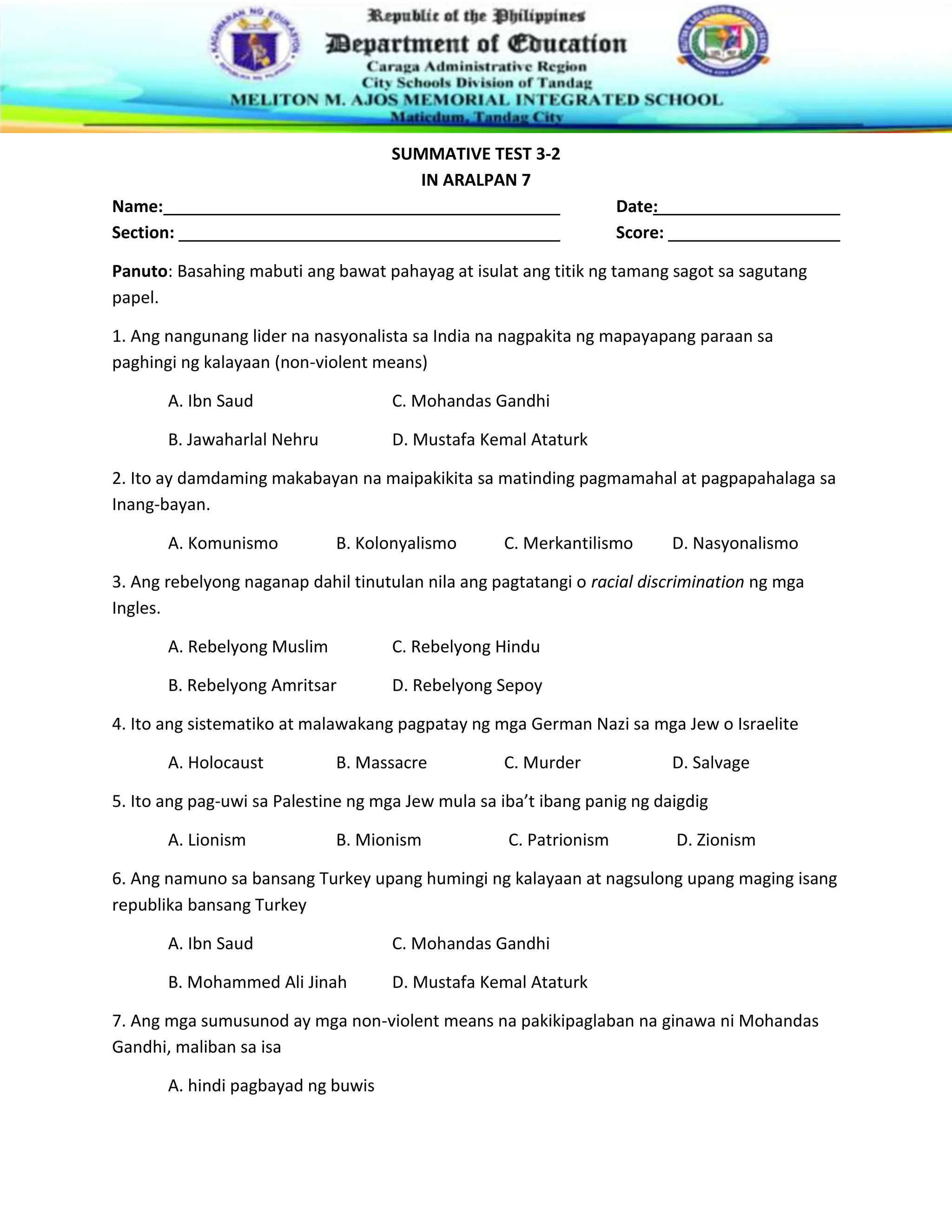 ARALING PANLIPUNAN 7-3RD QUARTER EXAMINATION | DOCX