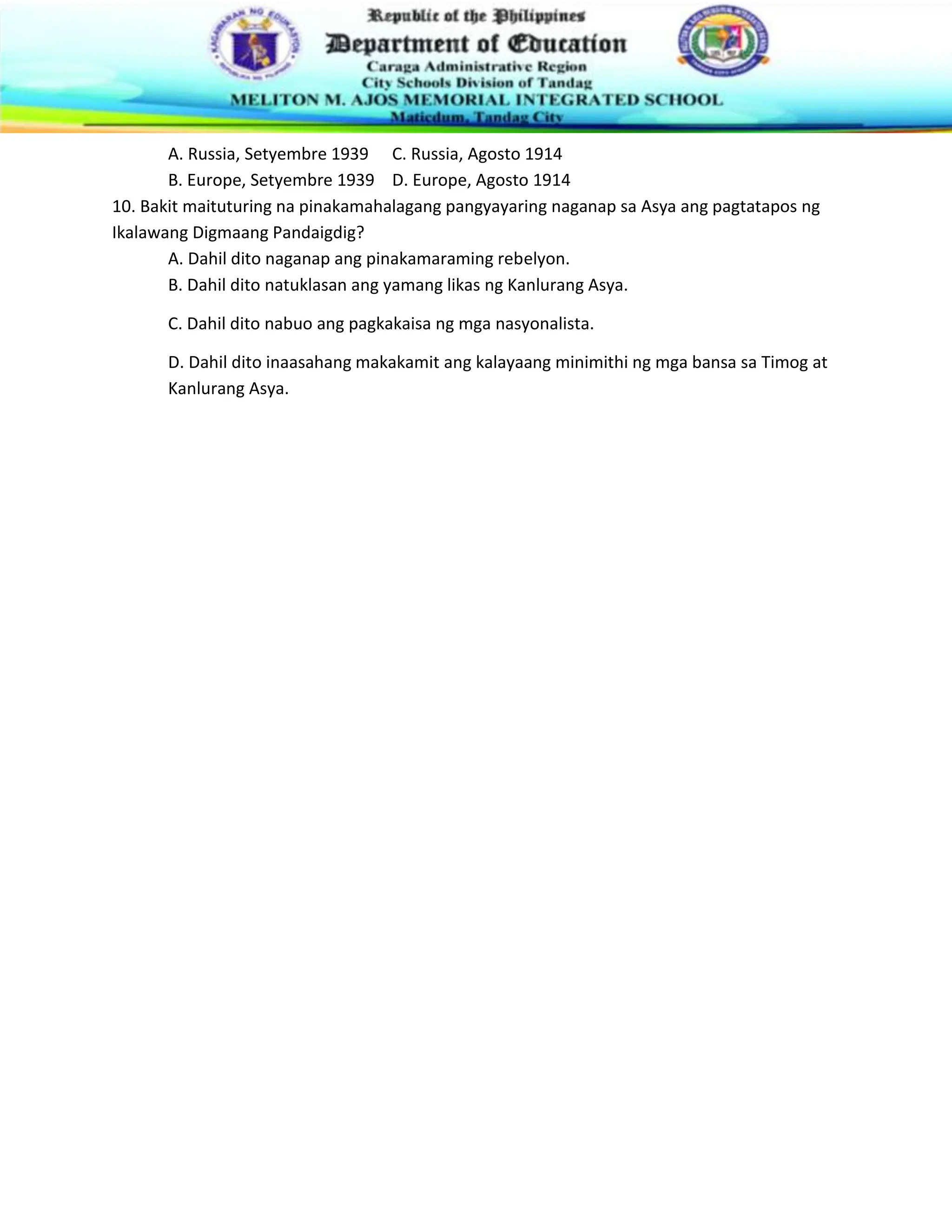 ARALING PANLIPUNAN 7-3RD QUARTER EXAMINATION | DOCX