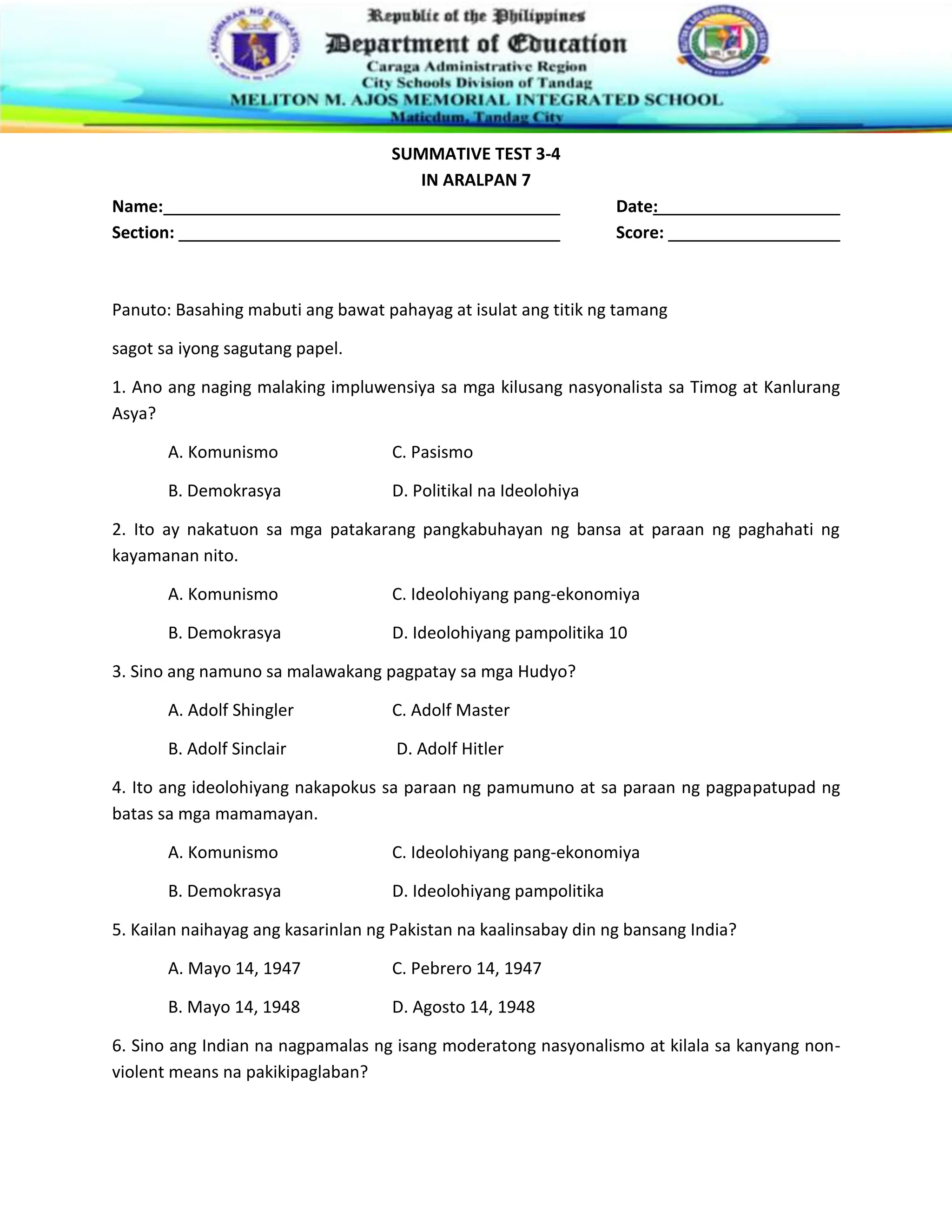 ARALING PANLIPUNAN 7-3RD QUARTER EXAMINATION | DOCX