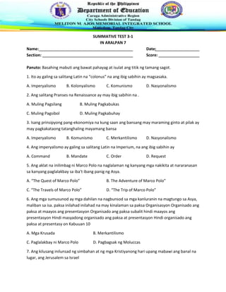 ARALING PANLIPUNAN 7-3RD QUARTER EXAMINATION | DOCX