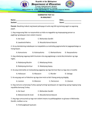 ARALING PANLIPUNAN 7-3RD QUARTER EXAMINATION | DOCX