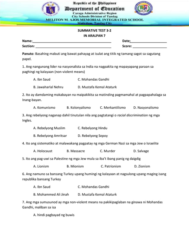 ARALING PANLIPUNAN 7-3RD QUARTER EXAMINATION | DOCX