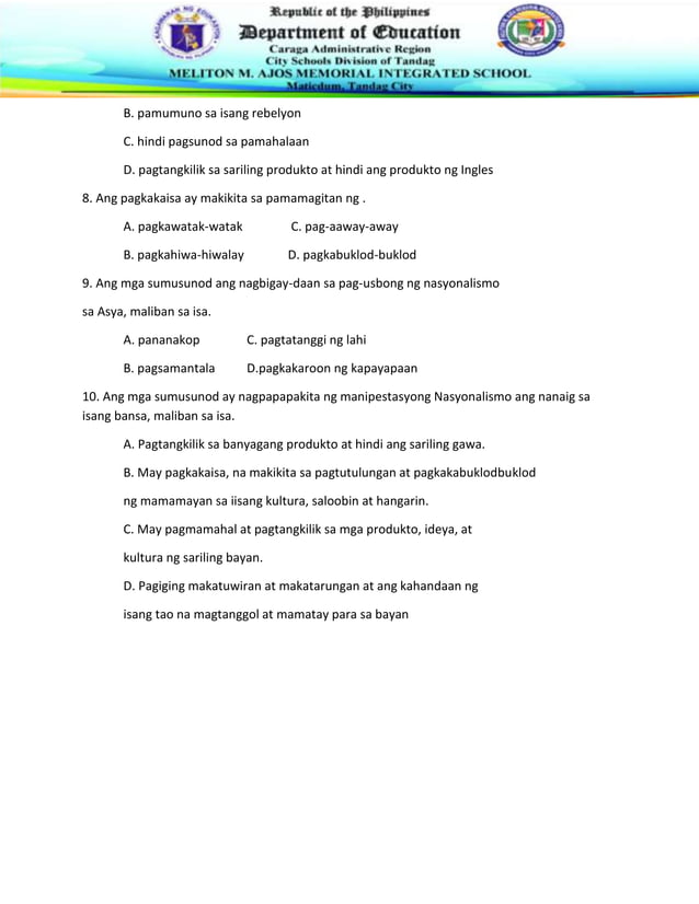 ARALING PANLIPUNAN 7-3RD QUARTER EXAMINATION | DOCX