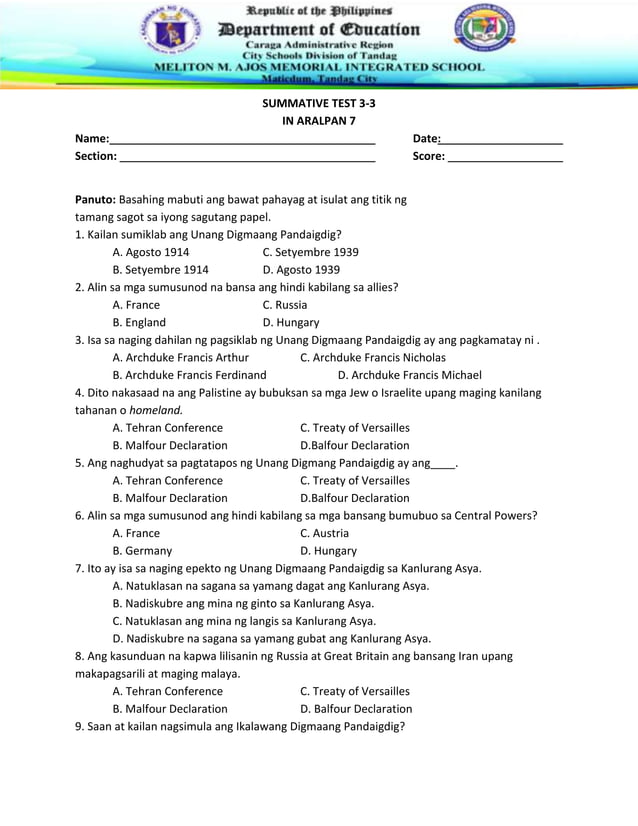 ARALING PANLIPUNAN 7-3RD QUARTER EXAMINATION | DOCX