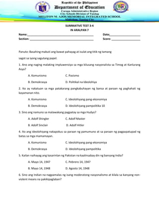 ARALING PANLIPUNAN 7-3RD QUARTER EXAMINATION | DOCX