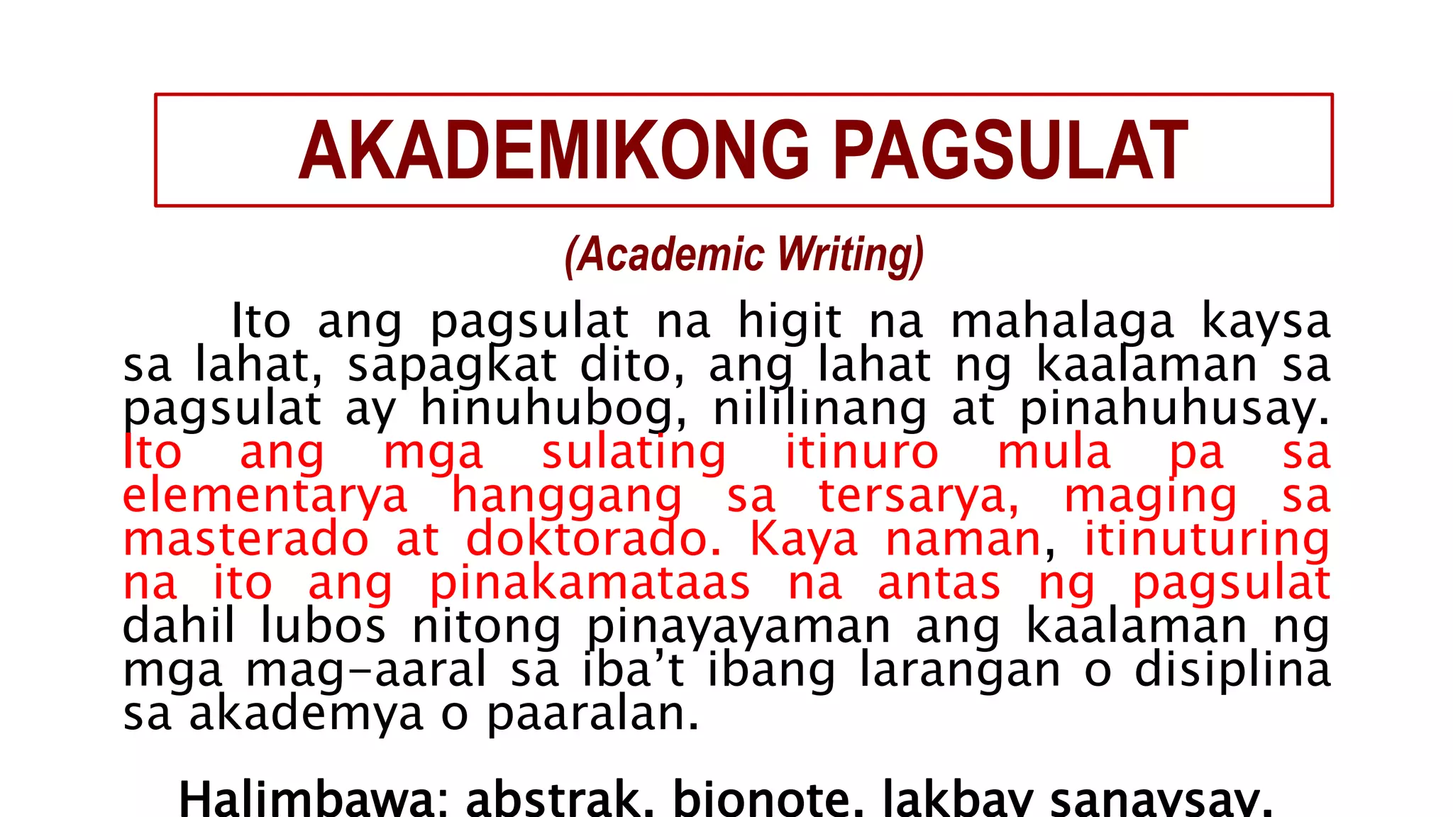 ARALIN 1.2 - MGA HAKBANG SA PAGSULAT, URI NG PAGSULAT AT MGA BAHAGI NG ...