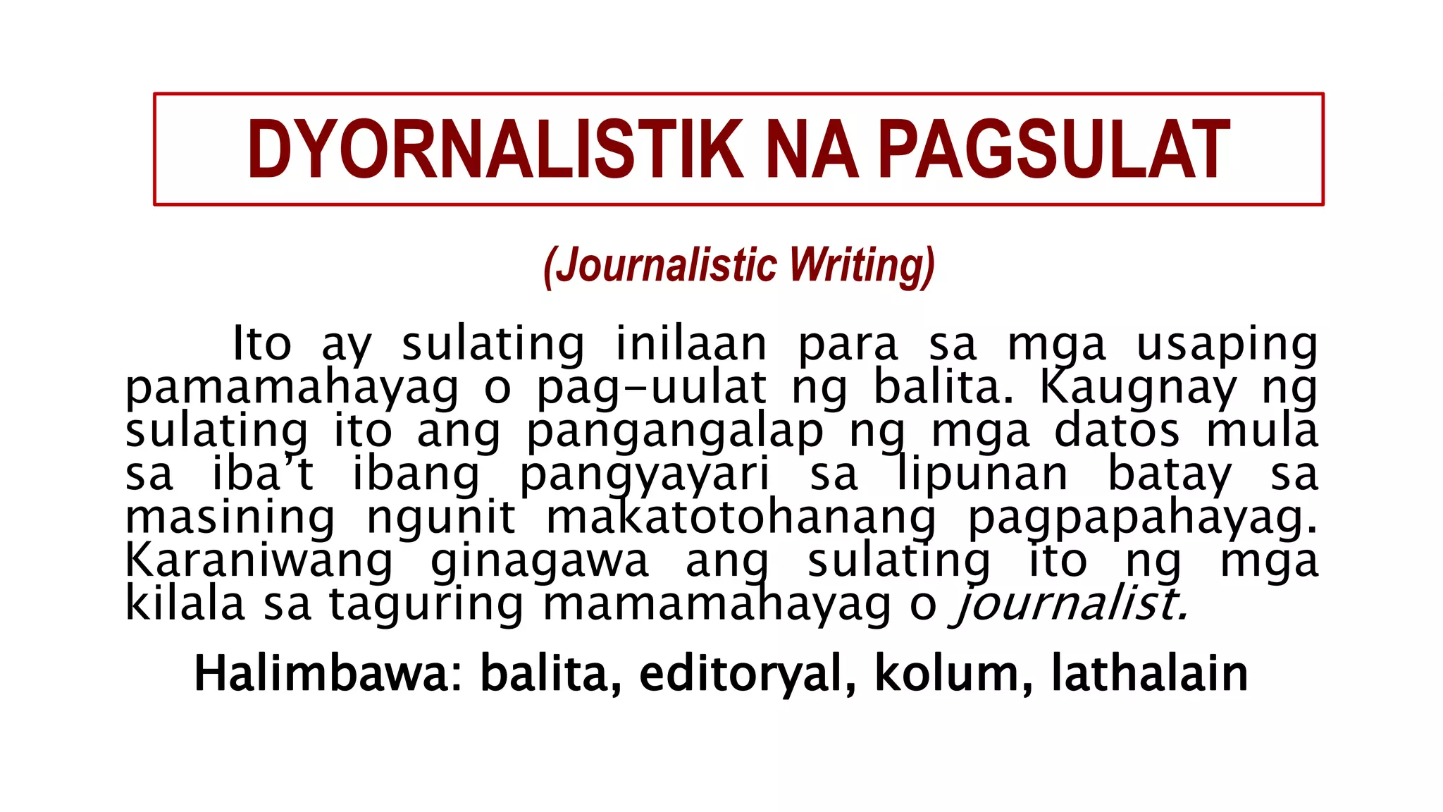 ARALIN 1.2 - MGA HAKBANG SA PAGSULAT, URI NG PAGSULAT AT MGA BAHAGI NG ...