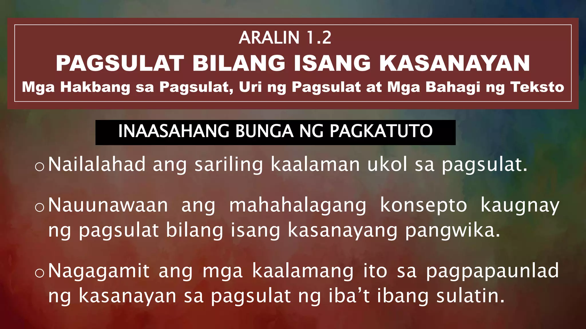 ARALIN 1.2 - MGA HAKBANG SA PAGSULAT, URI NG PAGSULAT AT MGA BAHAGI NG ...