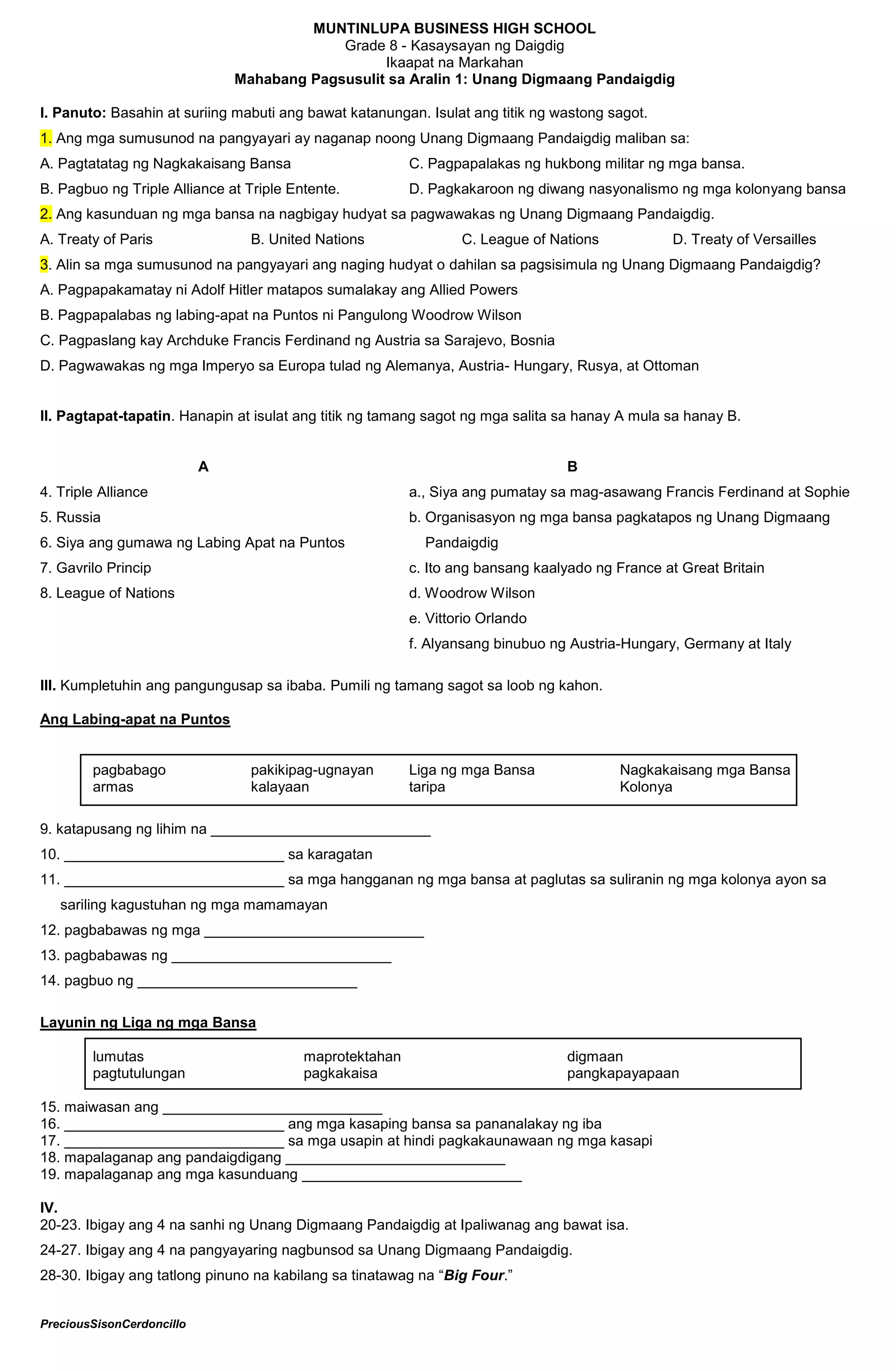 Aralin 1 Unang Digmaang Pandaigdig – Ikaapat na Markahan_Mahabang Pagsusulit sa AP 8 | PDF