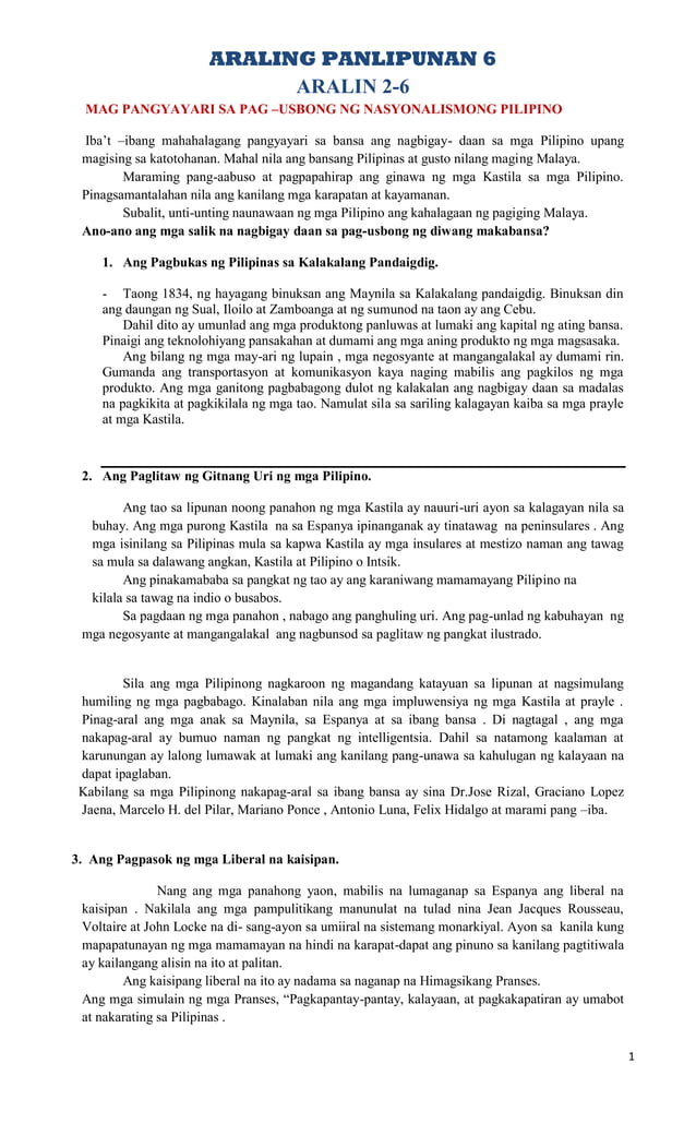 Araling Panlipunan 6 Hand out- Mga Pangyayari sa Pag-Usbong ng Nasyonalismong Pilipino | PDF
