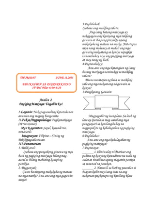 Aralin 2 pagiging matiyaga uugaliin ko! | DOCX