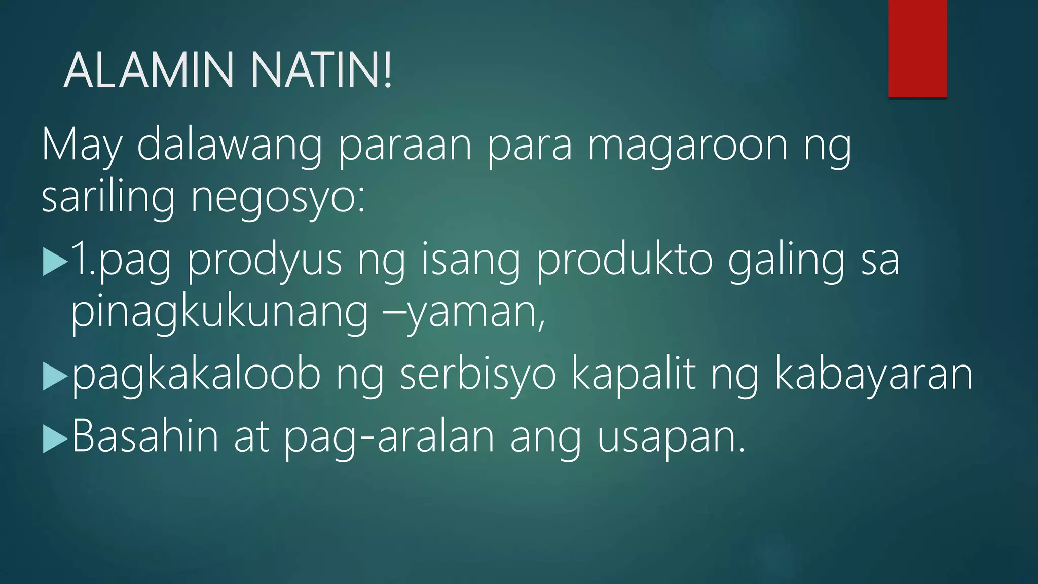 Aralin 3 mga negosyong maaring pagkakakitaan sa tahanan at pamayanan | PPTX