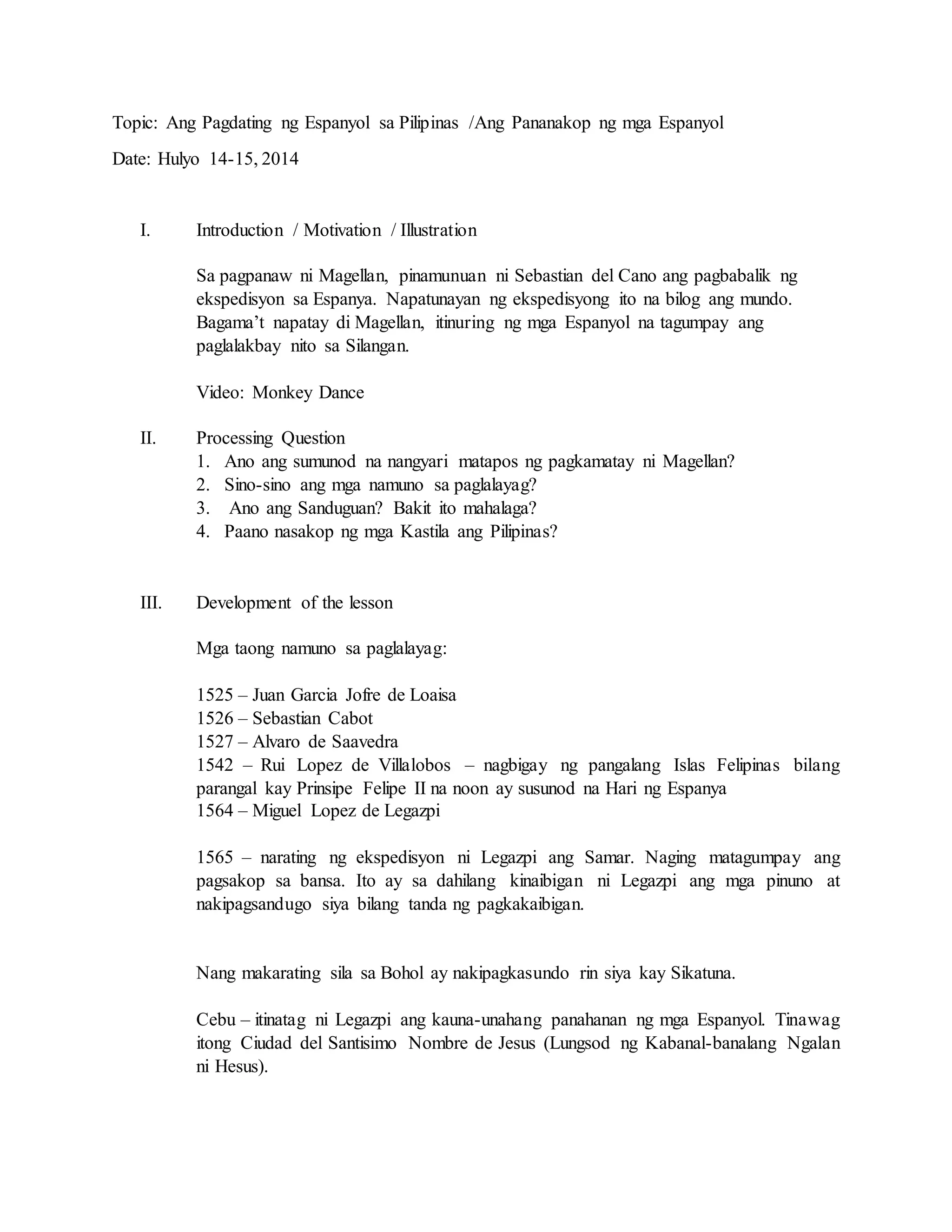 Lesson Plan - Aralin 4 Ang Pagdating ng Espanyol sa Pilipinas | DOCX