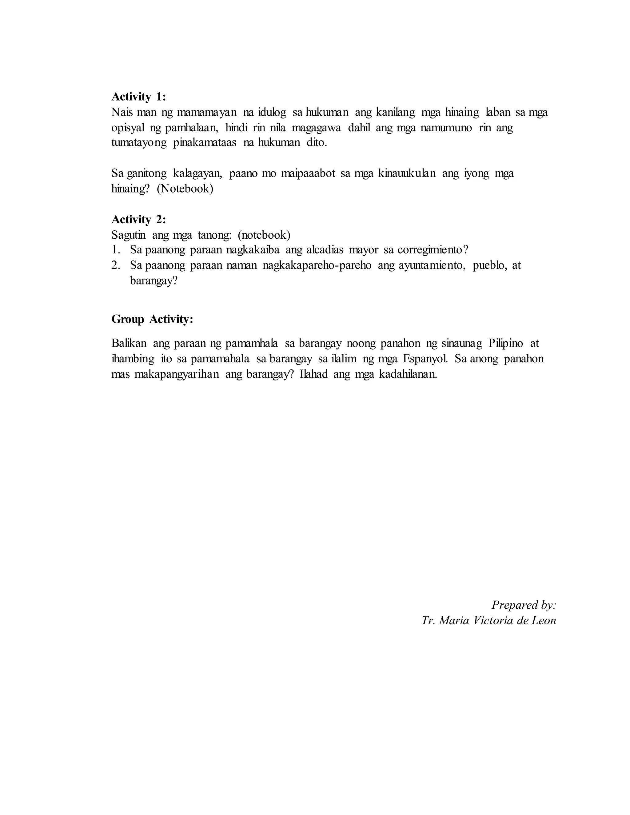 Lesson Plan - Aralin 5 Paraan ng Pamamahala ng mga Espanyol sa Bansa | DOCX