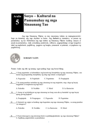 Sosyo - Kultural na Pamumuhay ng mga Sinaunang Tao | DOCX