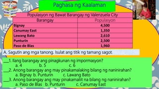 Araling Panlipunan 3 Yunit I Aralin 3 Populasyon ng Aing Pamayanan | PPTX