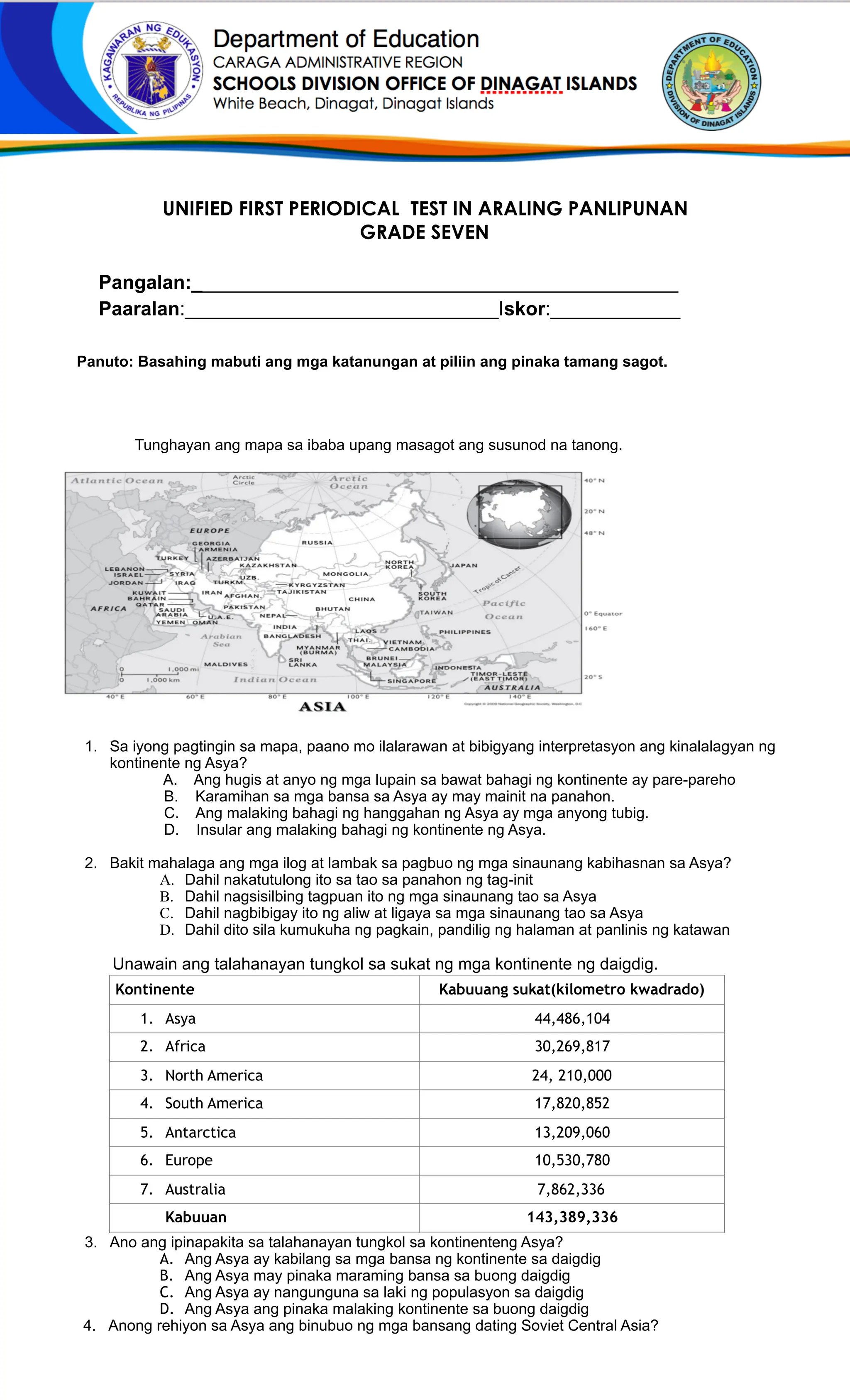 Araling Panlipunan GRADE 7 UNANG MARKAHAN EXAM | PDF