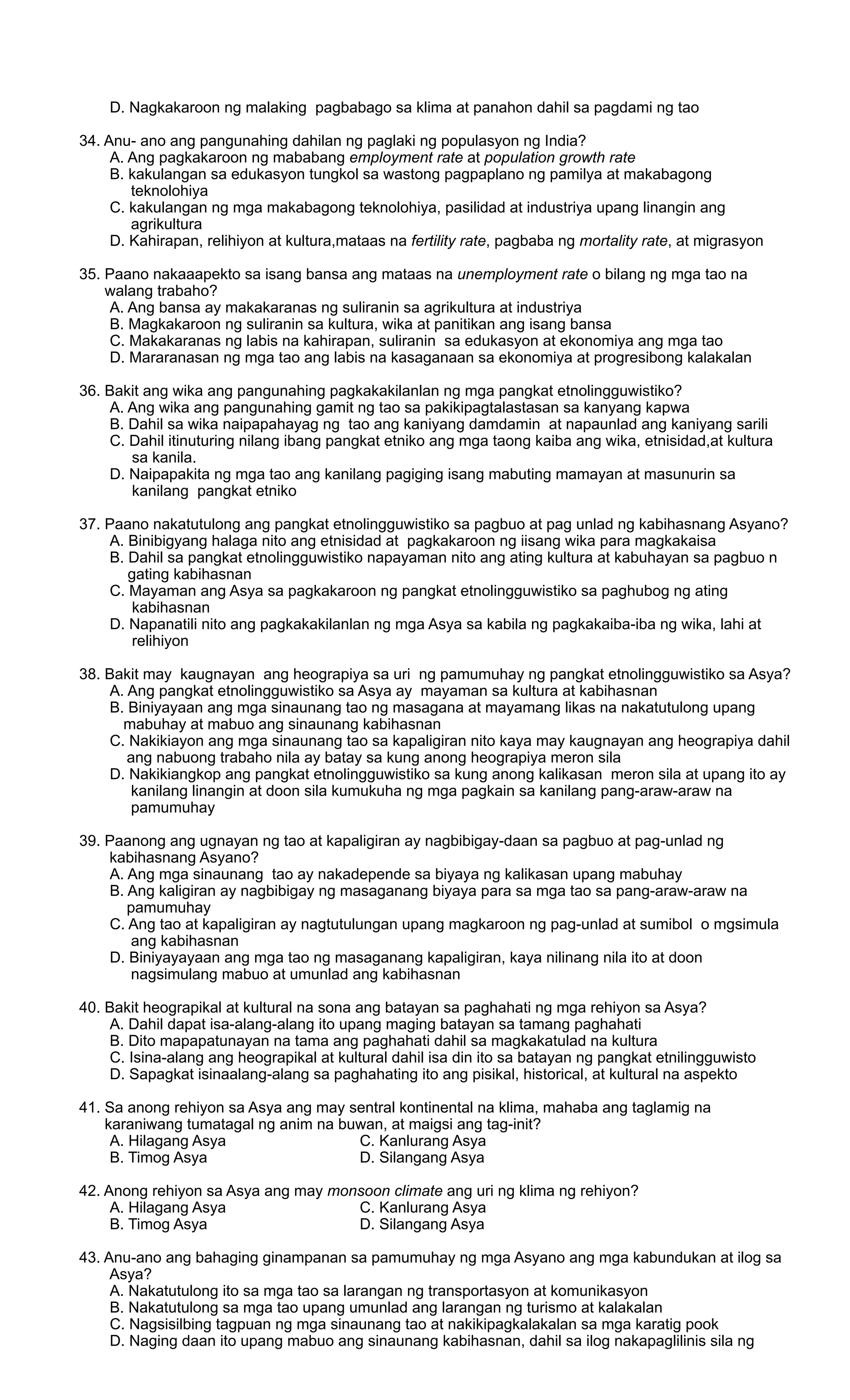 Araling Panlipunan GRADE 7 UNANG MARKAHAN EXAM | PDF