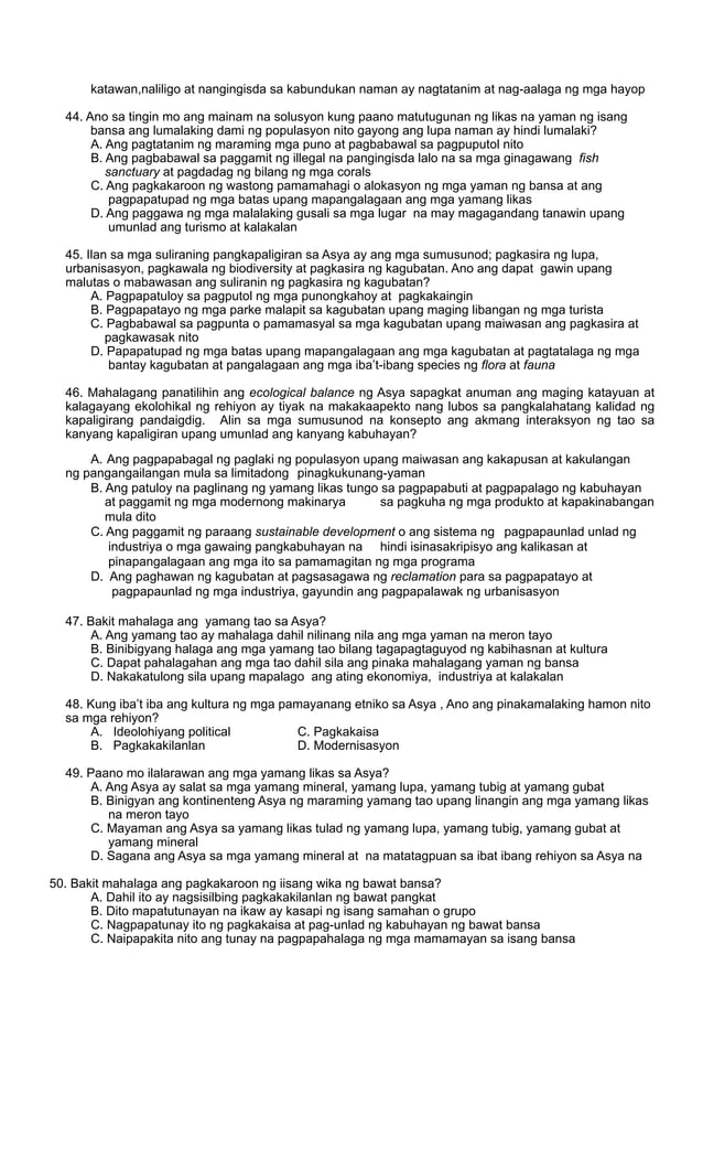 Araling Panlipunan GRADE 7 UNANG MARKAHAN EXAM | PDF