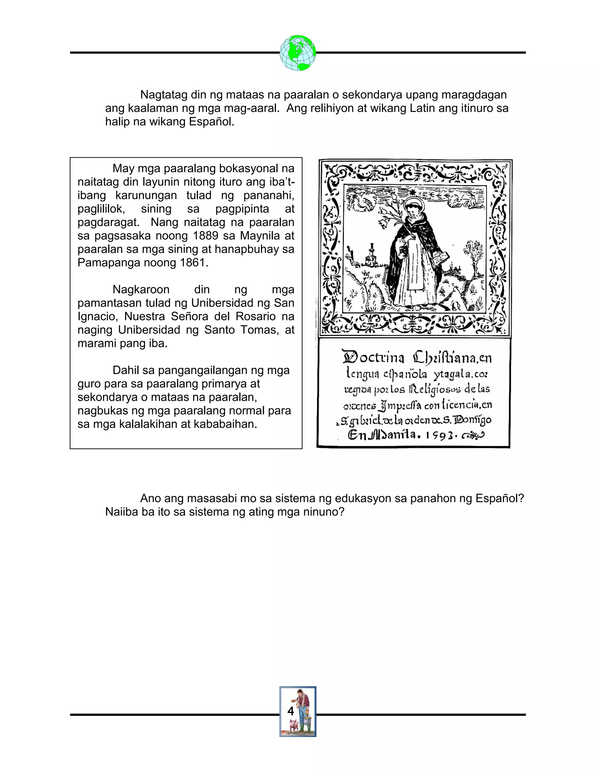 Araling Panlipunan 5 Ang Edukasyon noong Panahon ng Espanyol | PDF