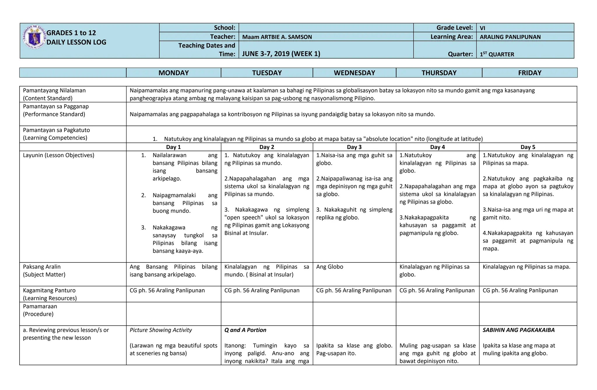 ARALING PANLIPUNAN 6_Quarter 1_W1 DLL.docx