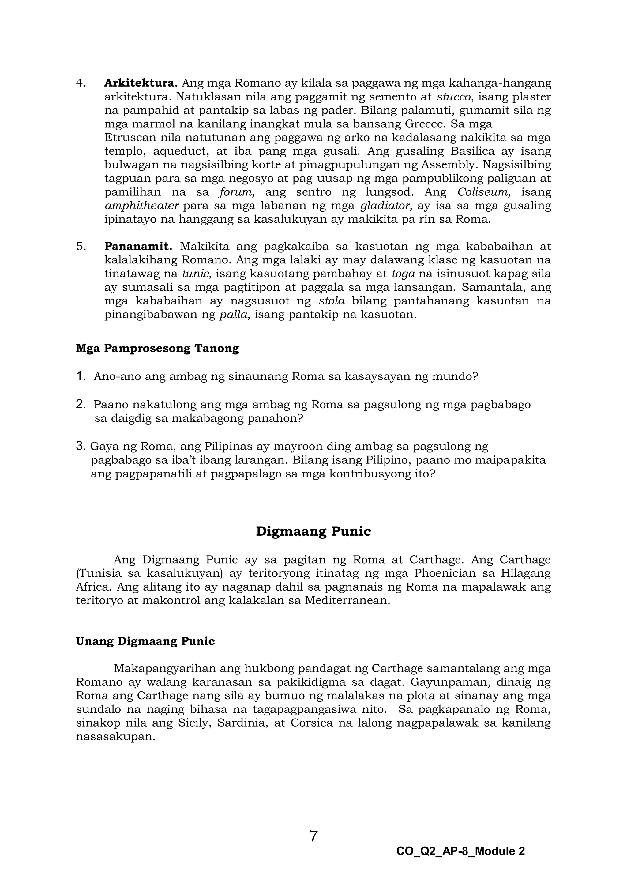 AralingPanlipunan8_Module2_Quarter2_Kontribusyon ng Kabihasnang Romano ...