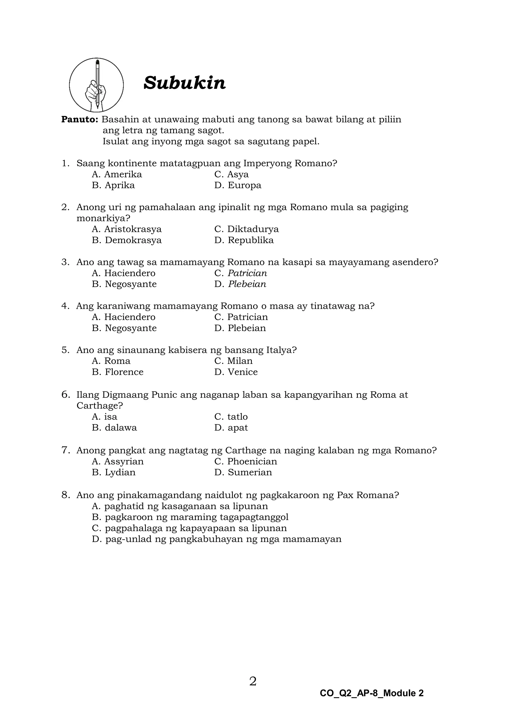 AralingPanlipunan8_Module2_Quarter2_Kontribusyon ng Kabihasnang Romano ...