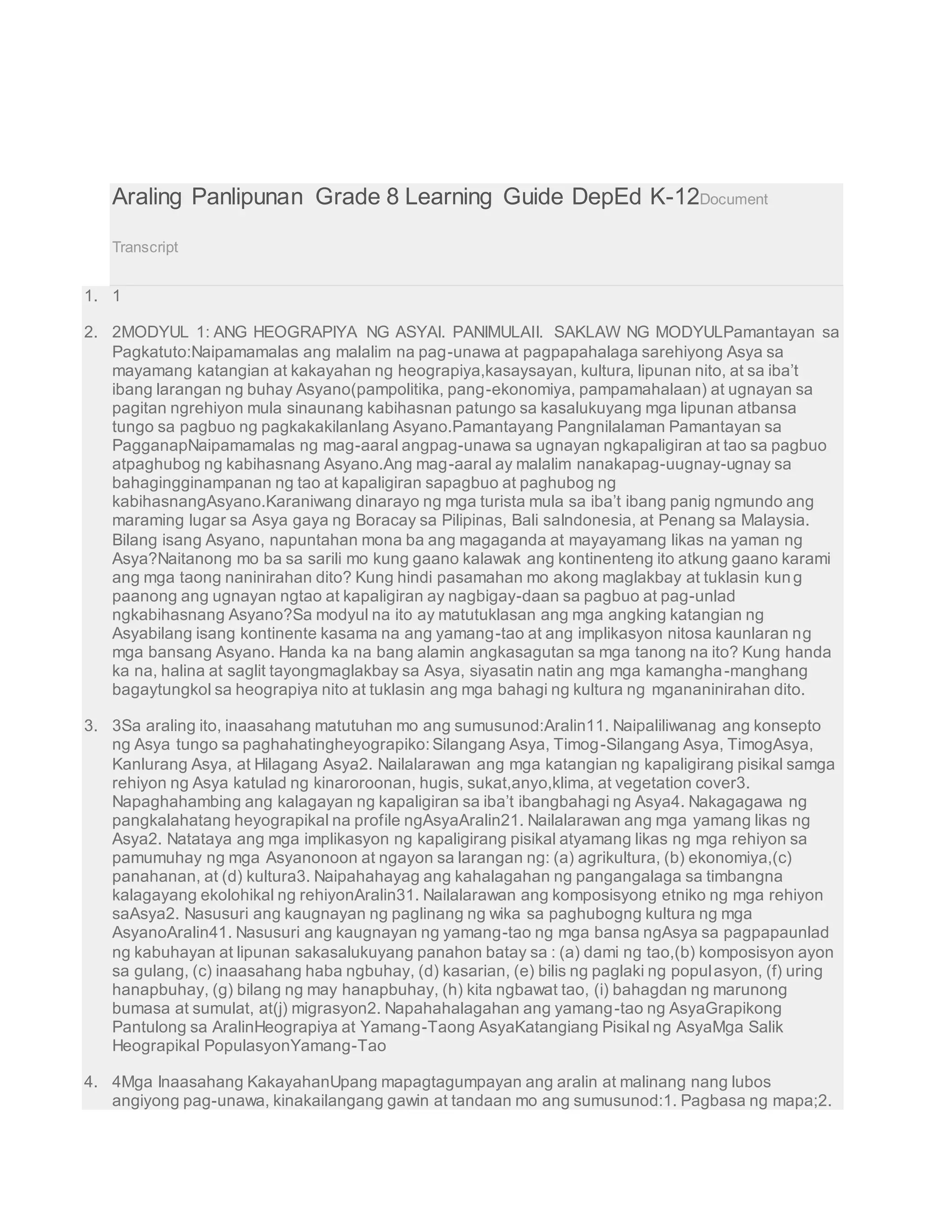 Araling panlipunan grade 8 learning guide dep ed k | DOCX