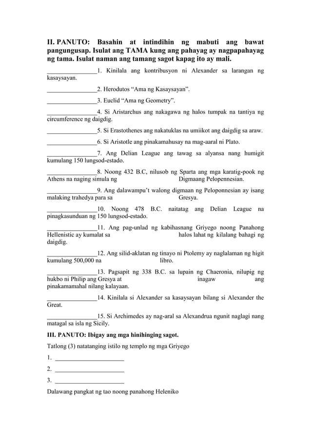 ARALING PANLIPUNAN pagsusulit halimbawa | PDF