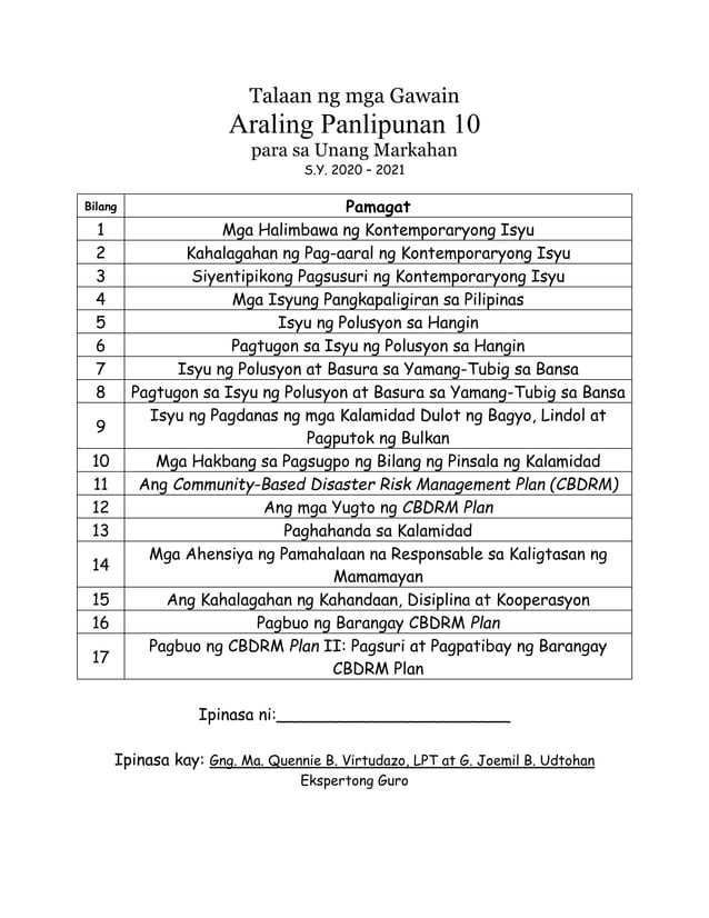 ARAL PAN 10_Talaan ng mga Gawain_Q1 araling | PDF