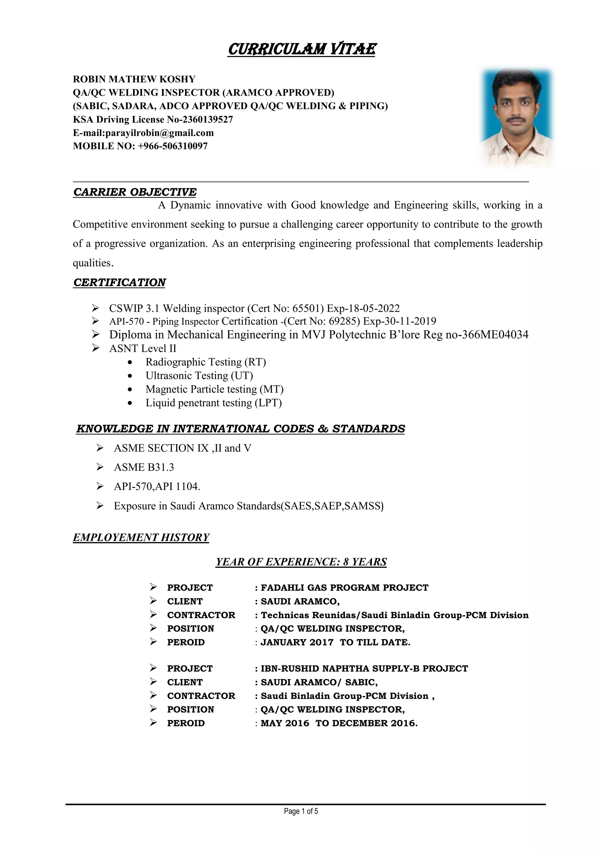 Aramco Approved Welding Inspector Resume | PDF