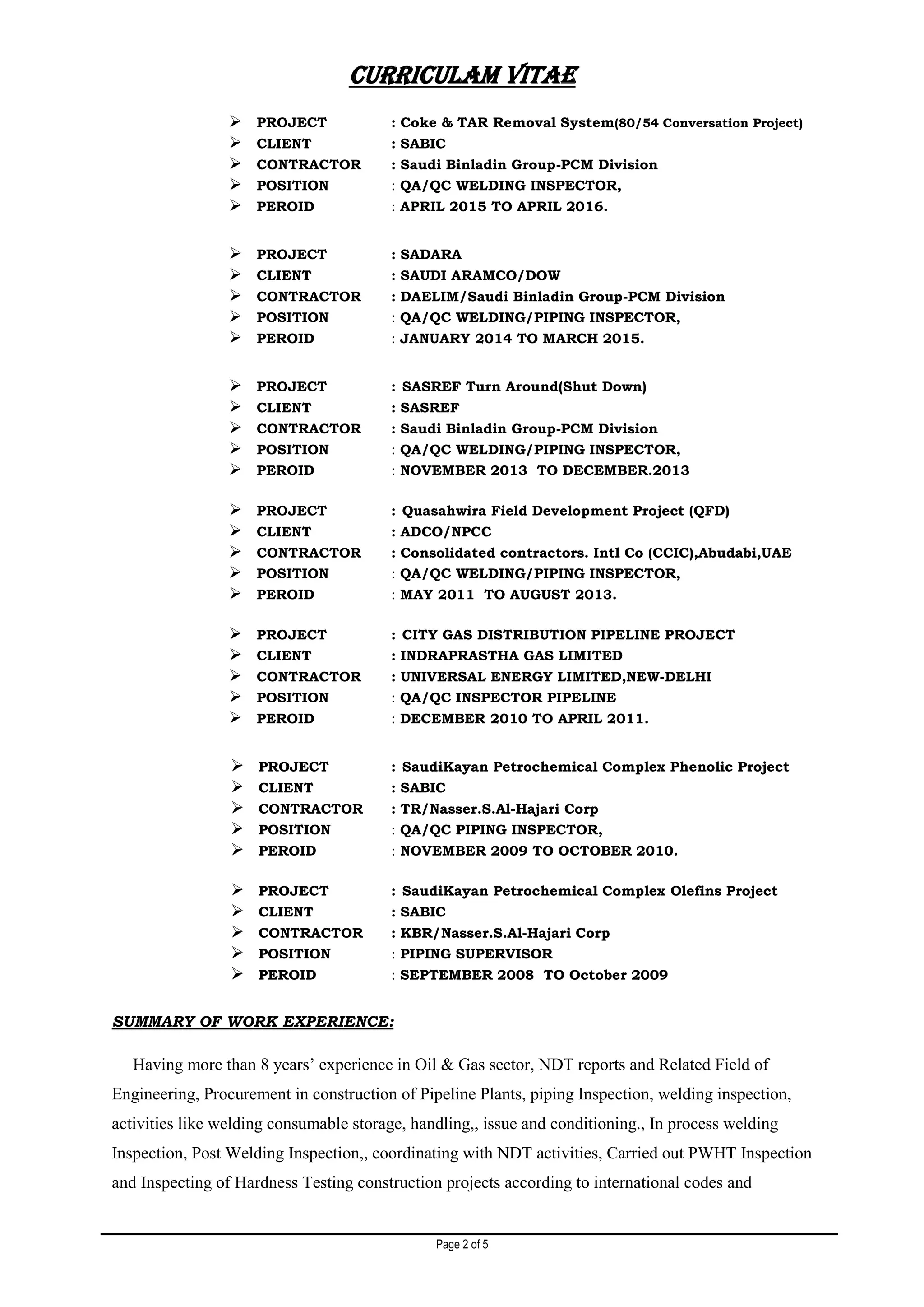 Aramco Approved Welding Inspector Resume | PDF