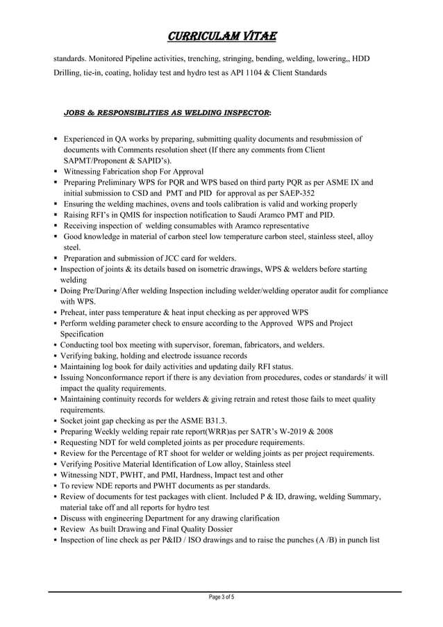 Aramco Approved Welding Inspector Resume | PDF | Civil Engineering ...