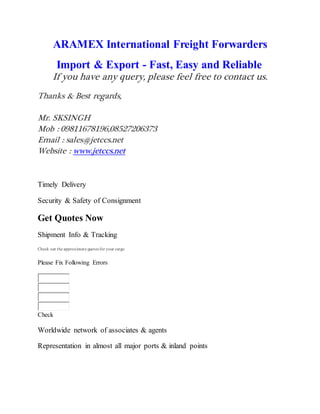 Aramex international freight forwarders call 09811678196 | DOCX