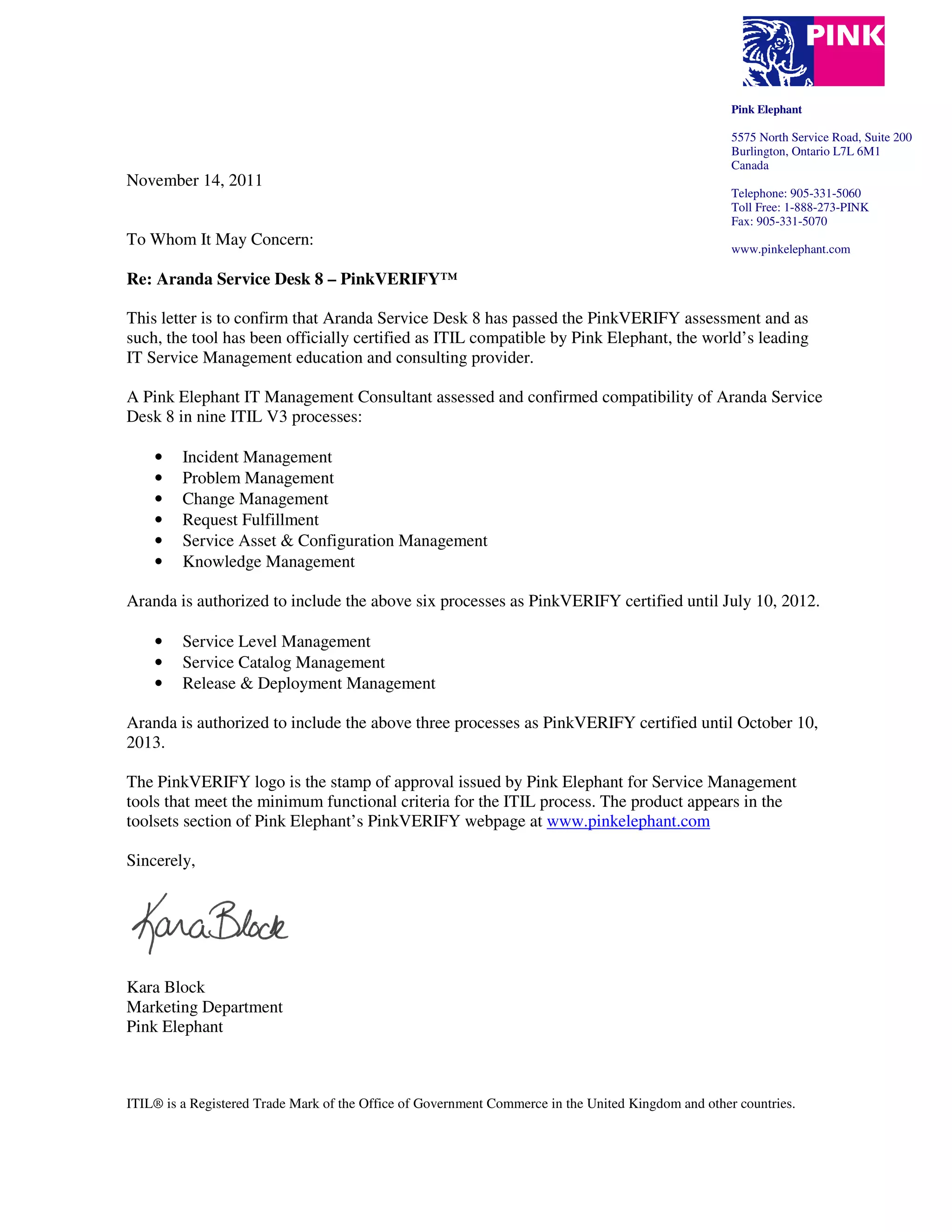 Certificación PinkVERIFY Aranda Service Desk | PDF