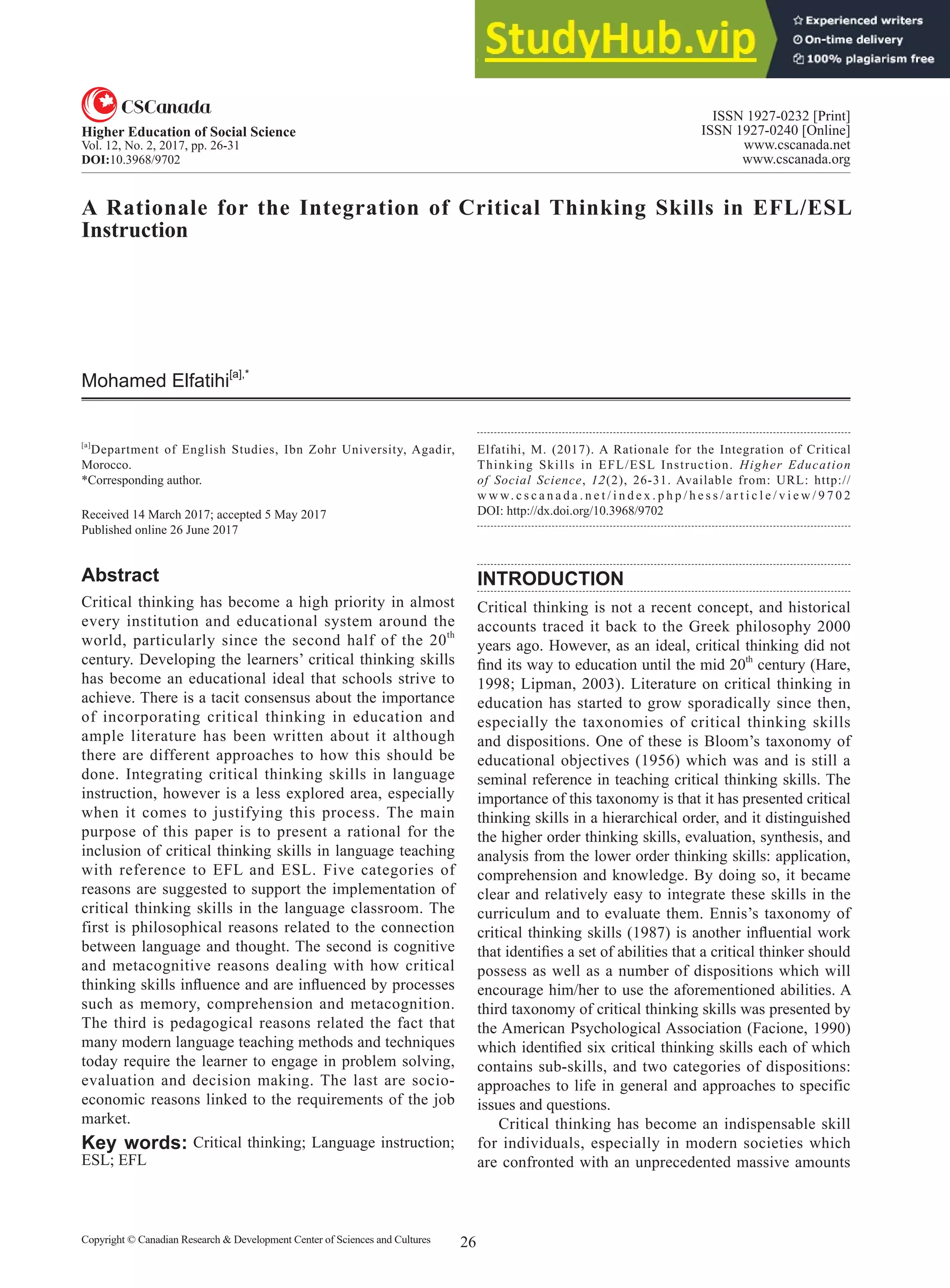 A Rationale For The Integration Of Critical Thinking Skills In EFL ESL ...