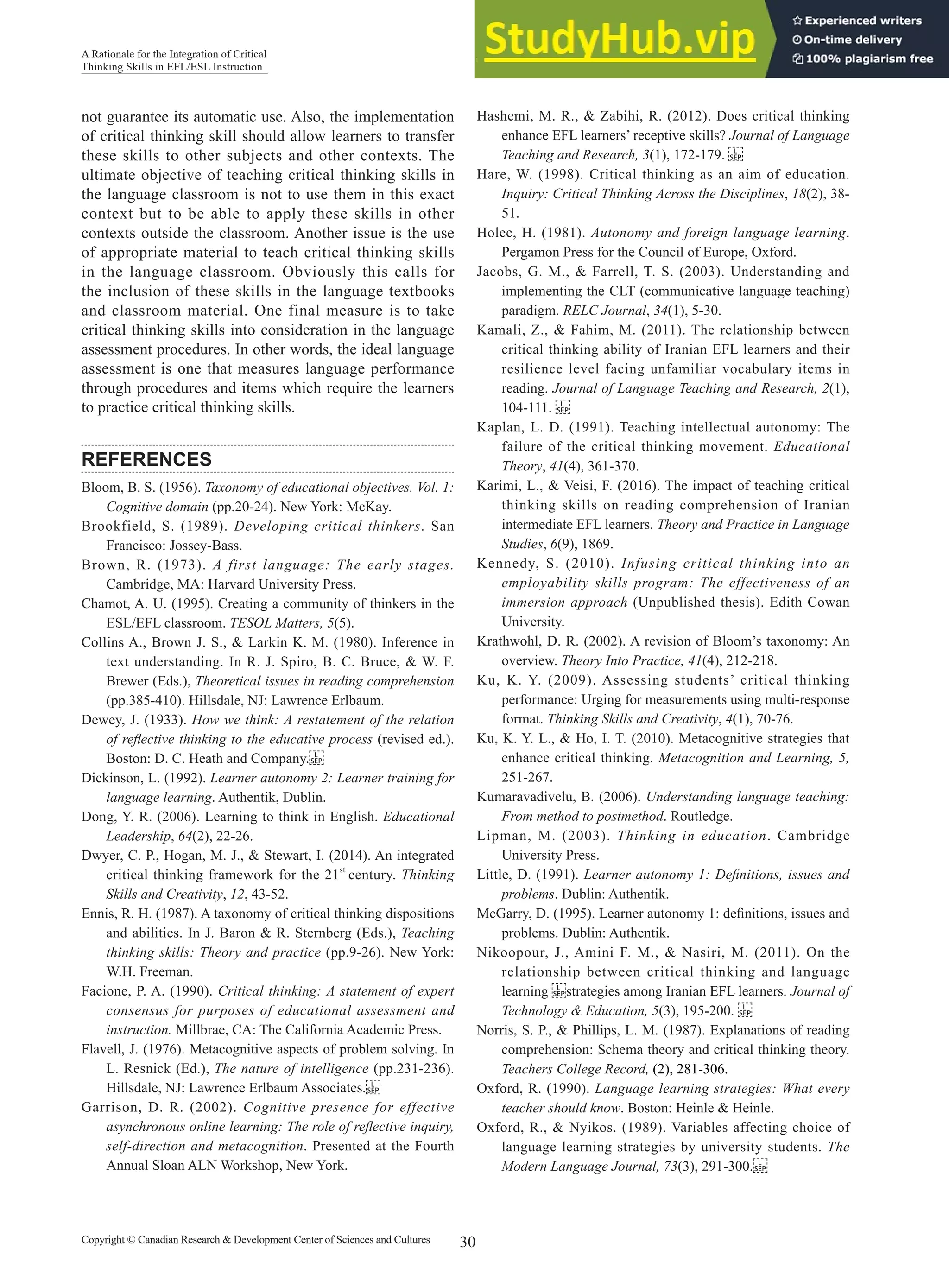 A Rationale For The Integration Of Critical Thinking Skills In EFL ESL Instruction | PDF